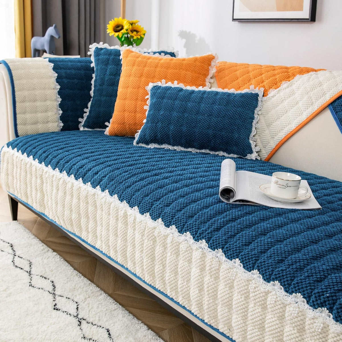 French Corduroy Lace Sofa Mat - Tropical Blue - Trendize